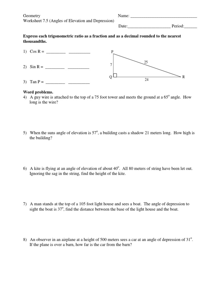 Geometry Worksheet 8 5 Angles Of Elevation And Depression Answer Key