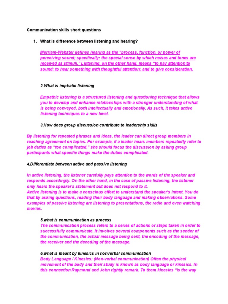Communication Skills Short Questions | PDF | Communication | Nonverbal ...