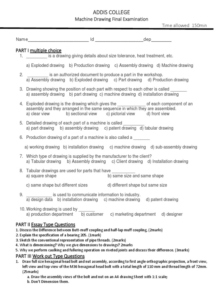 ADDIS COLLEGE Final Exam Machine Drawing2014 | PDF | Screw | Nut (Hardware)
