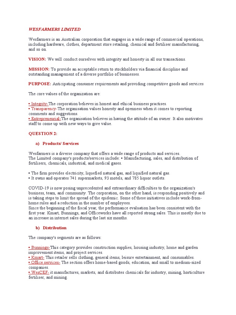 Wesfarmers Company Overview and Strategy | PDF | Pricing | Marketing