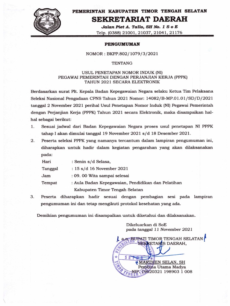 Pengumuman Pemberkasan PPPK Guru Dan PPPK Non Guru Kab - TTS | PDF