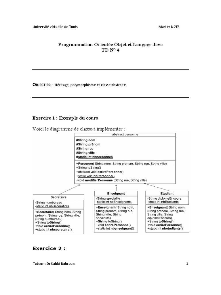 Programmation Orientée Objet Et Langage Java TD #4 | PDF | Classe (informatique) | Programmation ...