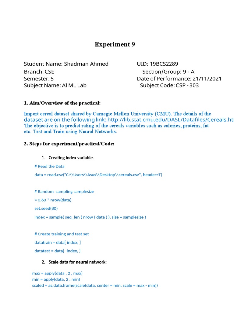 AIML Exp 9 | PDF | Cross Validation (Statistics) | Artificial Neural Network