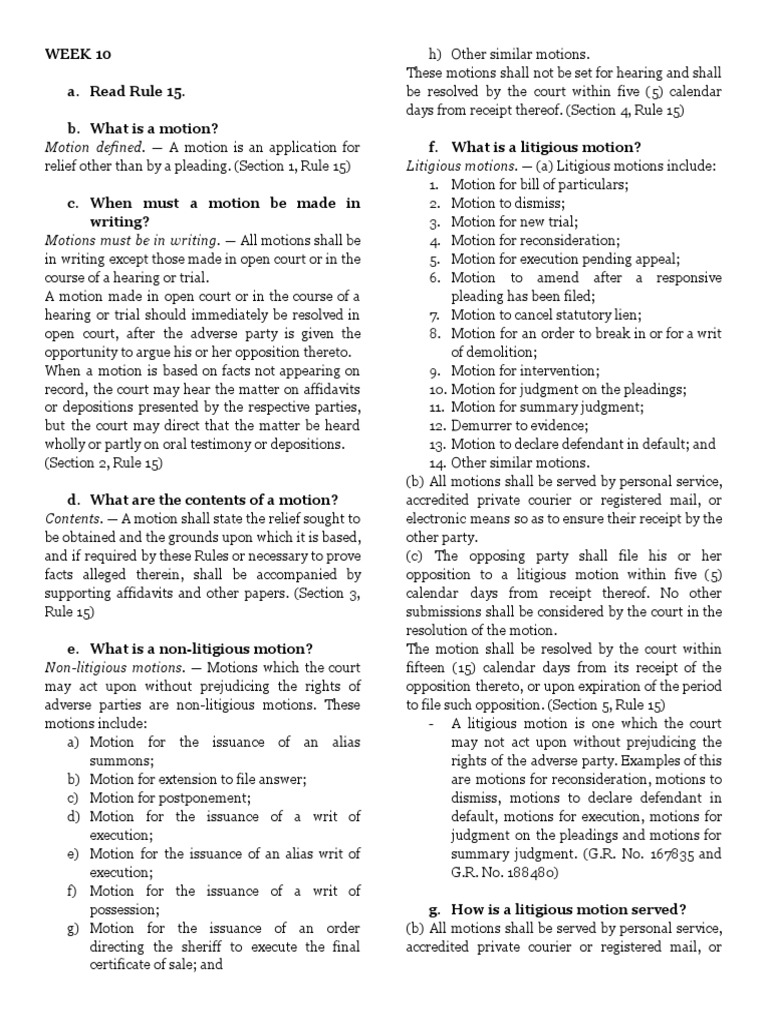 Week 10 A. Read Rule 15. B. What Is A Motion? F. What Is A Litigious ...