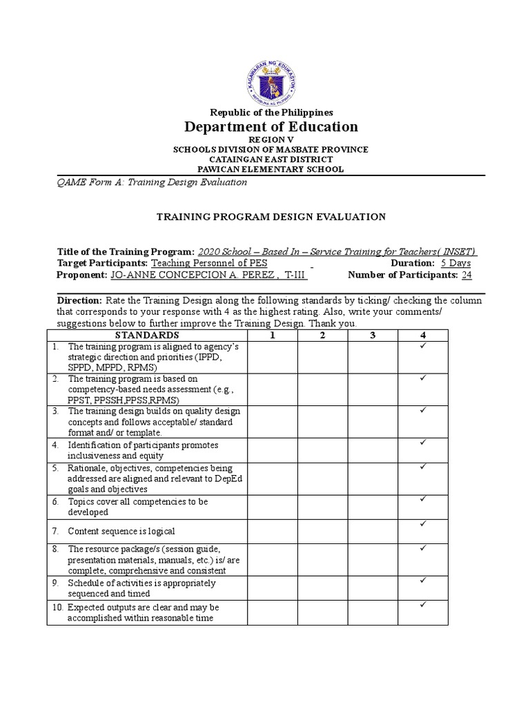 Department of Education: QAME Form A: Training Design Evaluation | PDF | Educational Technology ...