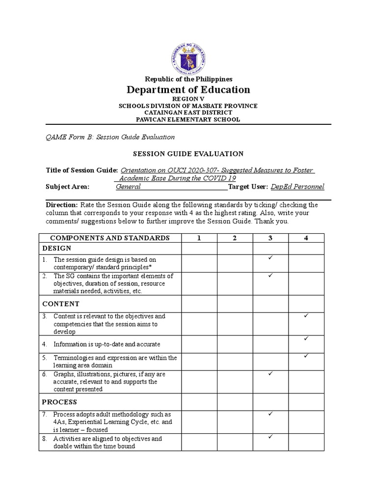 Department of Education: QAME Form B: Session Guide Evaluation | PDF ...