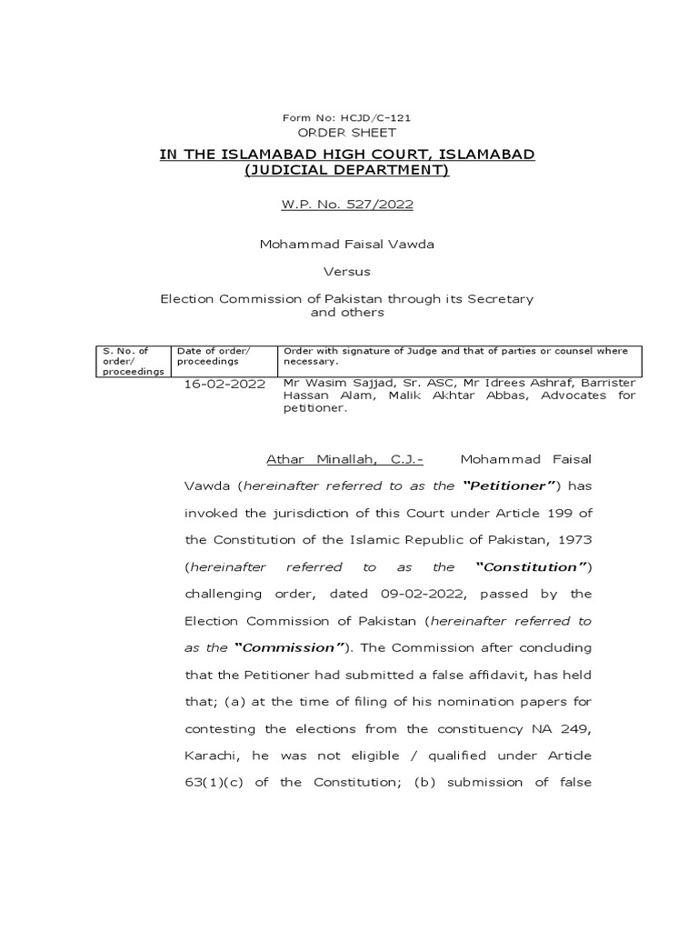 Muhammad Faisal Vawda V ECP WP No 527 of 2022 | PDF | Supreme Court Of ...