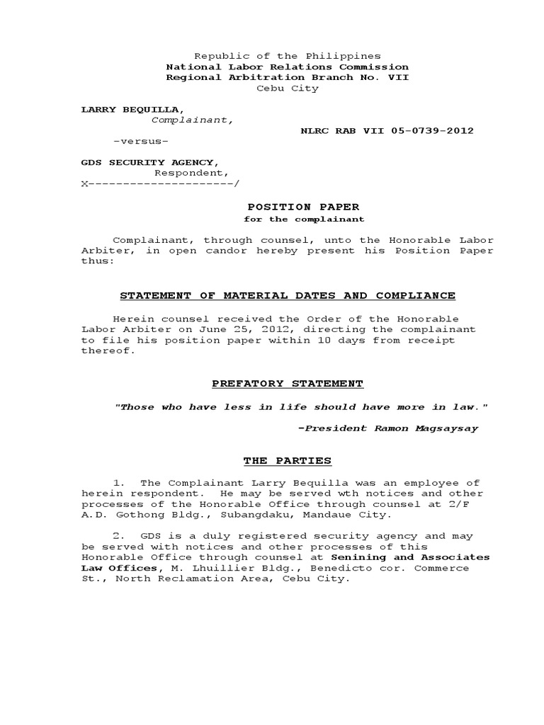 Position Paper: Complainant | PDF | Employment | Labour Law