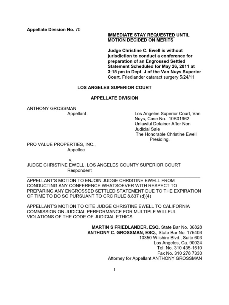Motion To Appellate Division of Superior Court To Enjoin Judge Ewell 5. ...