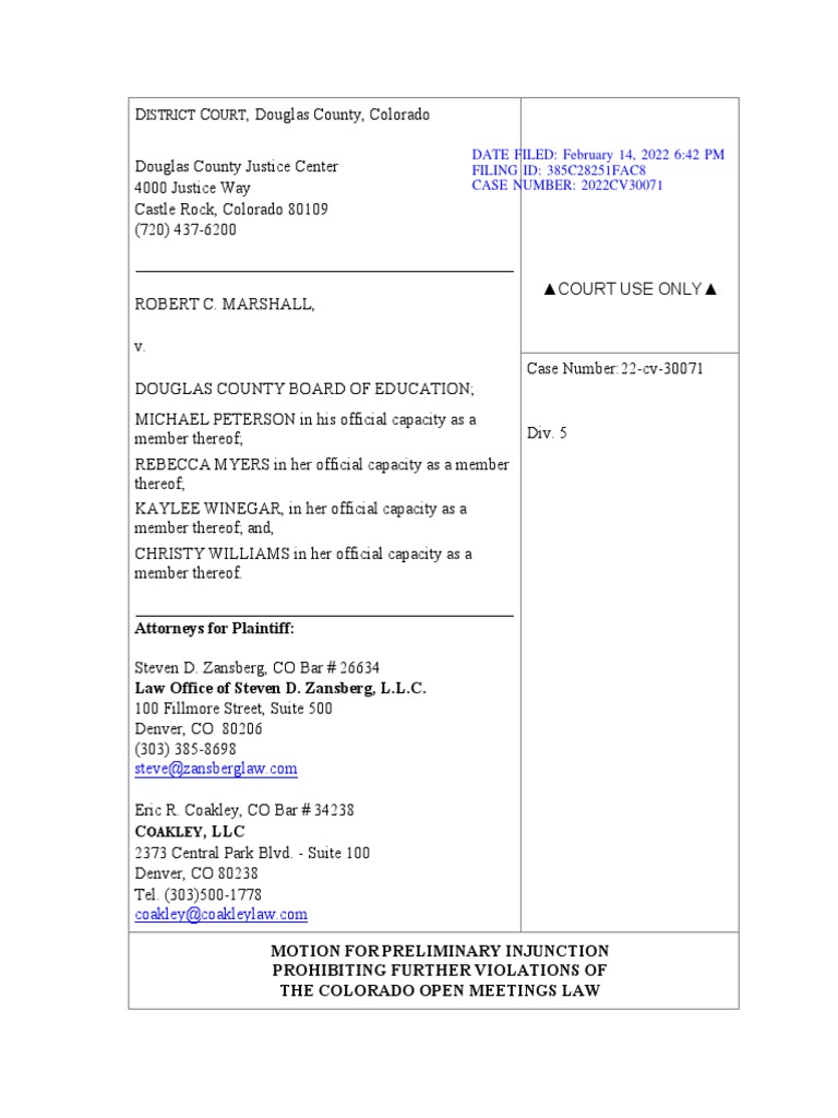 Robert C. Marshall v. Douglas County School Board, Et Al.: Motion For Preliminary Injunction ...
