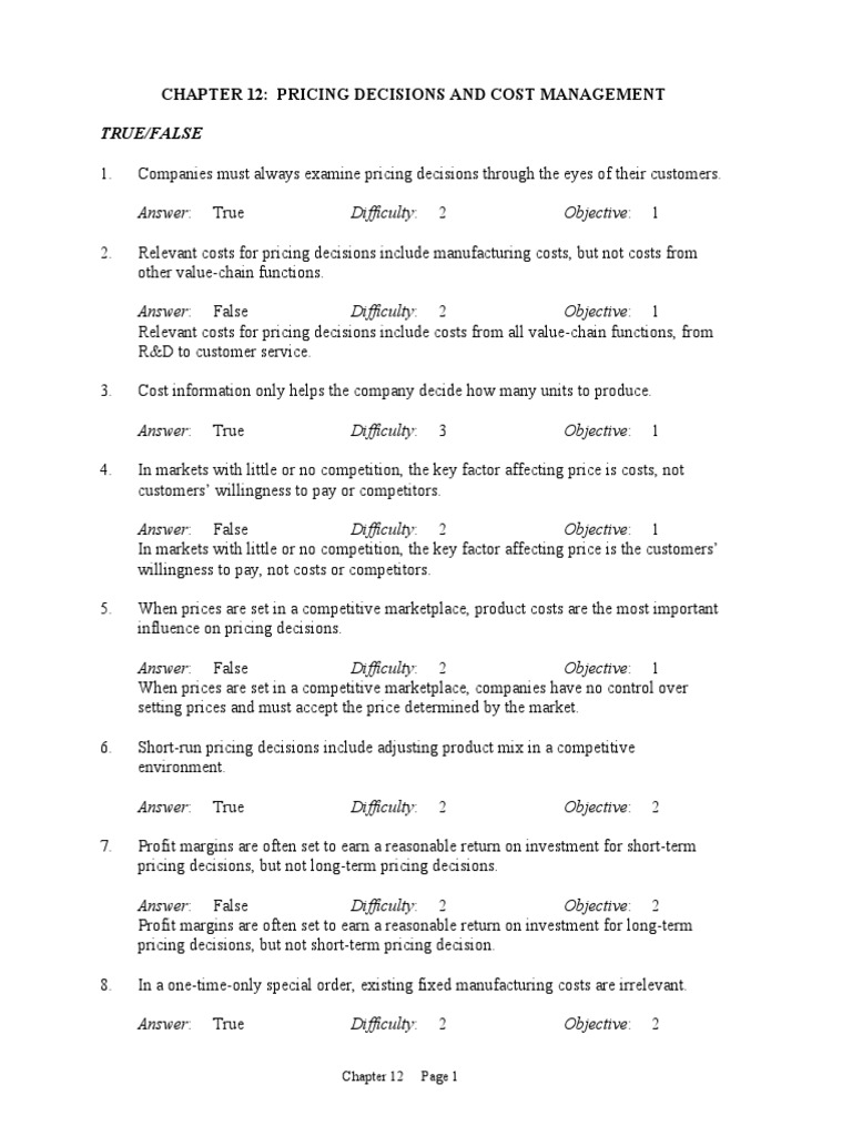 True/False: Chapter 12: Pricing Decisions and Cost Management | PDF
