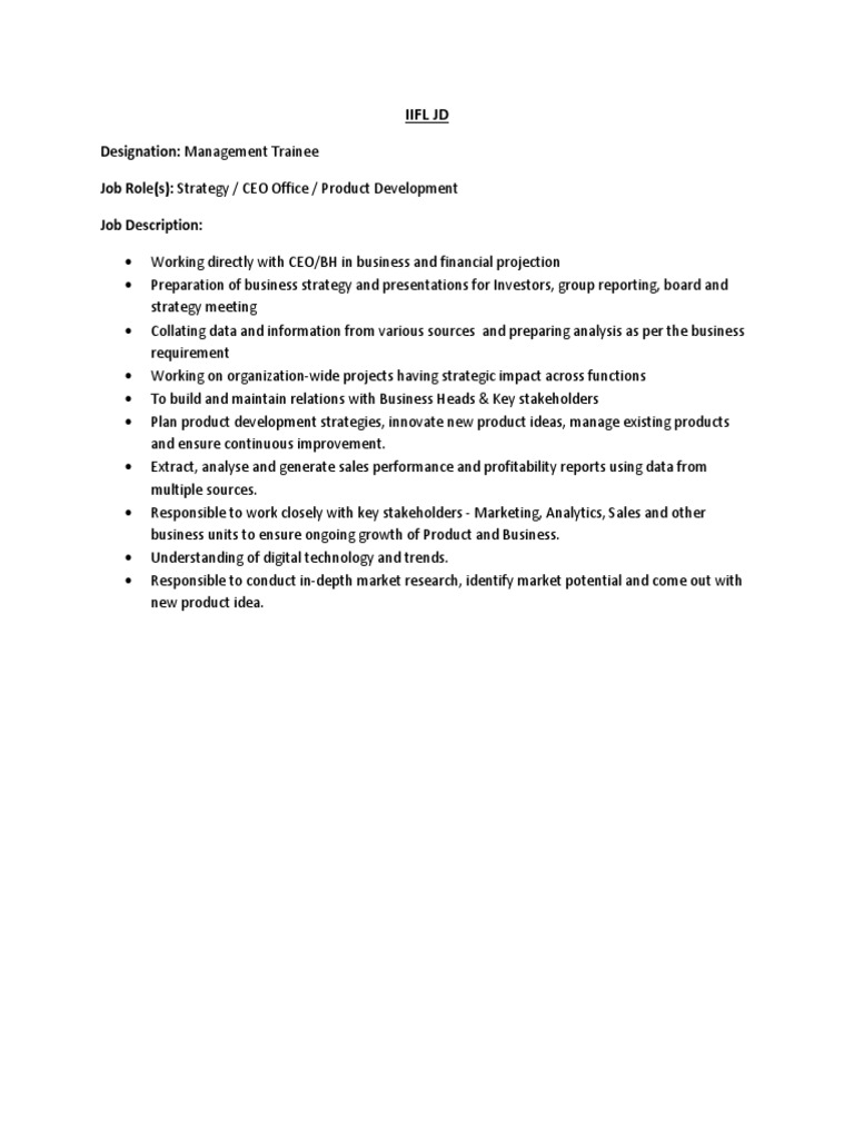 Designation: Management Trainee Job Role(s) : Strategy / CEO Office ...