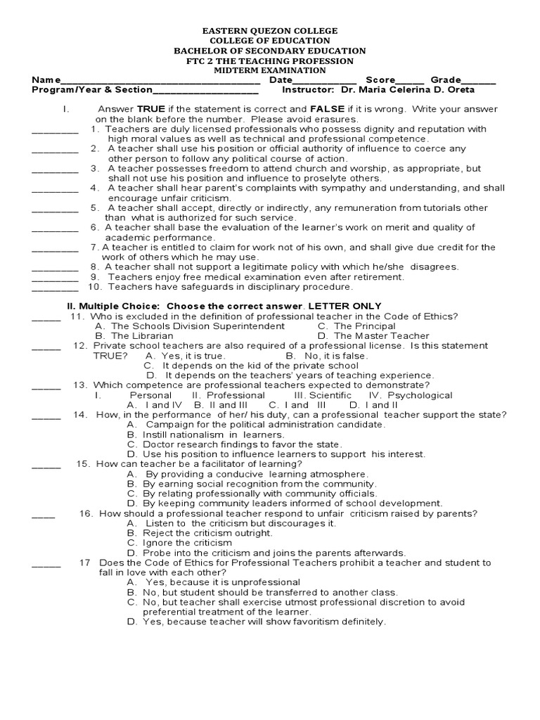 FTC2 The Teaching Profession Midterm Examination 2020 | PDF | Teachers