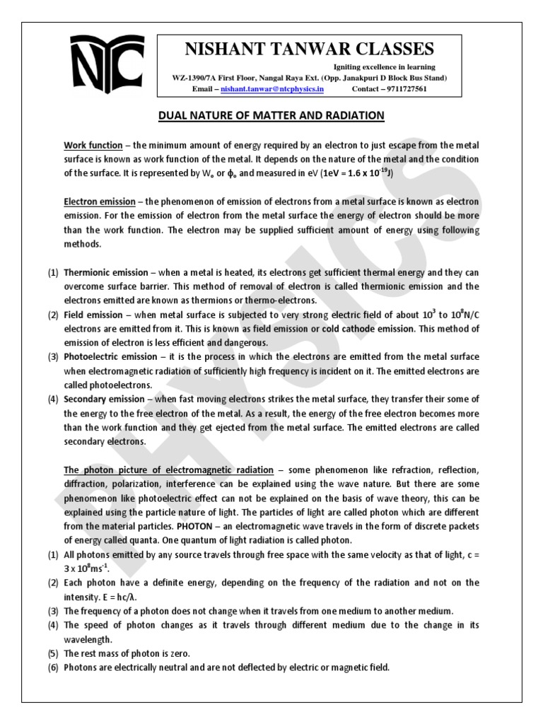 Dual Nature - Notes | PDF | Photoelectric Effect | Photon
