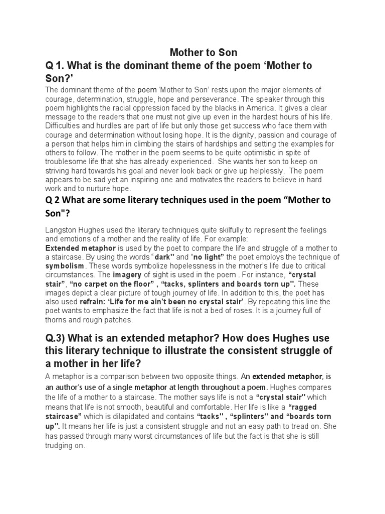 Mother To Son Q 1. What Is The Dominant Theme of The Poem Mother To Son ...