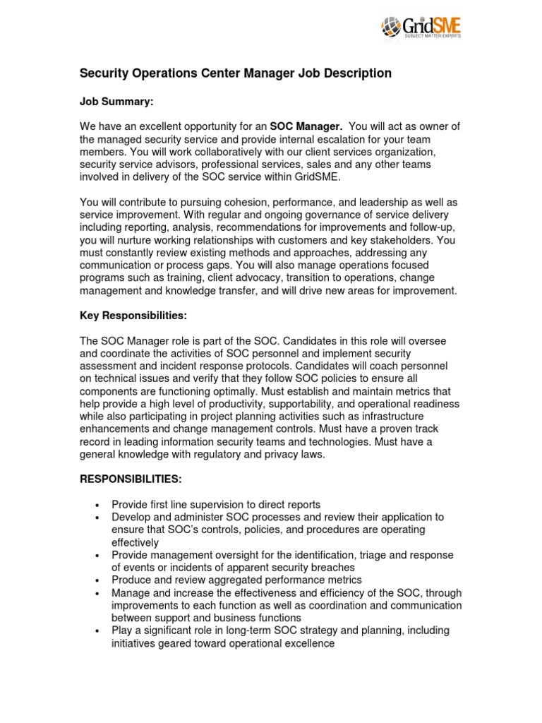 Leading a Top-Tier Security Operations Center: Job Description for an ...