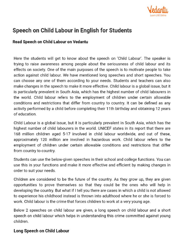 Speech On Child Labour in English For Students | PDF