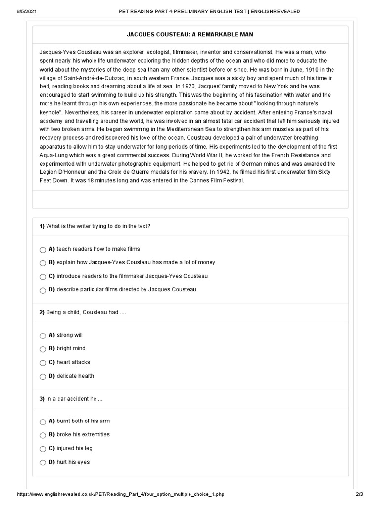 Pet Reading Part 4 Preliminary English Test - Englishrevealed | PDF ...