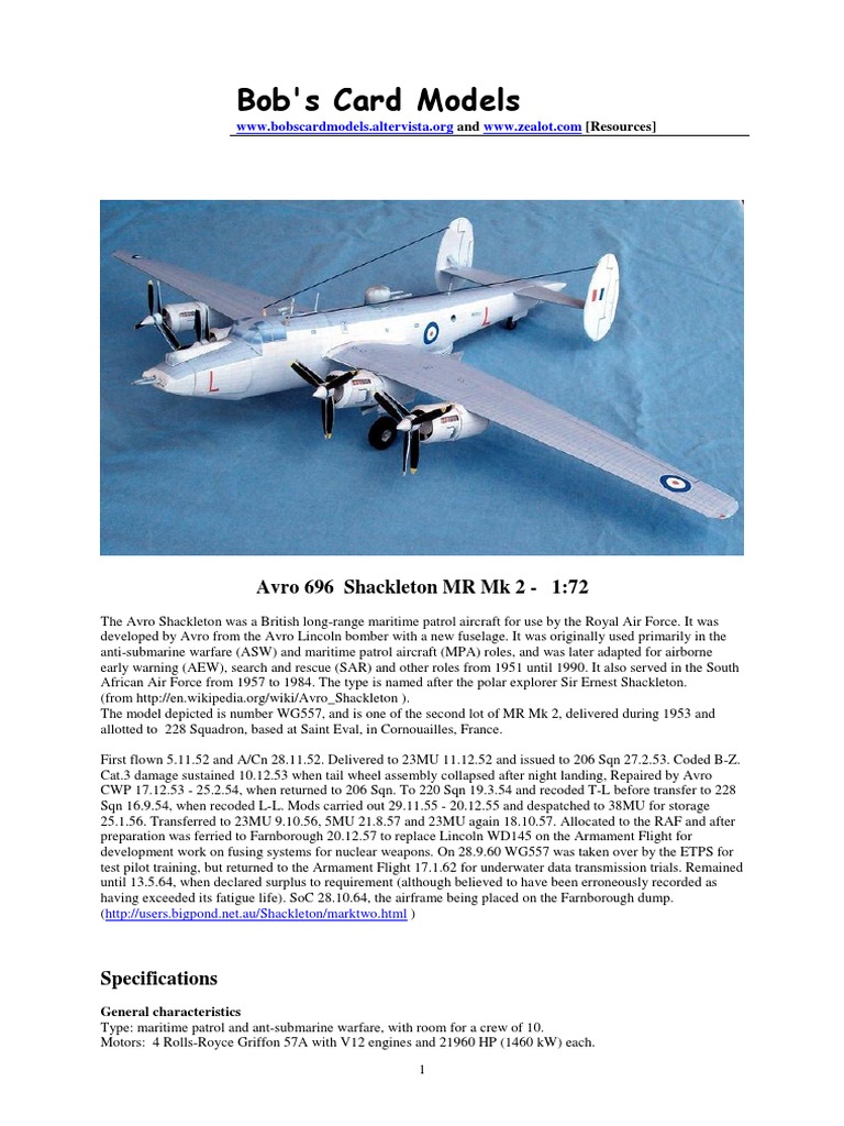 Bob's Card Models: Avro 696 Shackleton MR MK 2 - 1:72 | Download Free ...