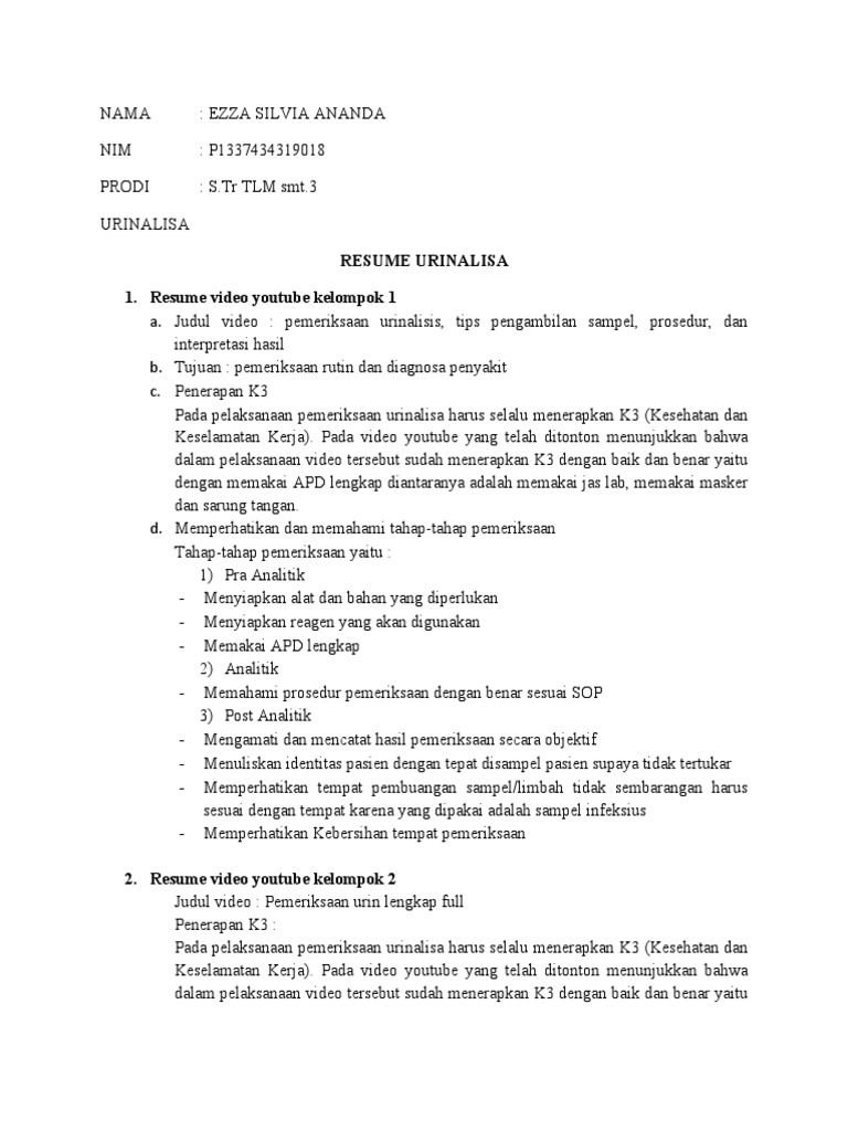 Ezza Silvia Ananda (Resume Urinalisa) | PDF