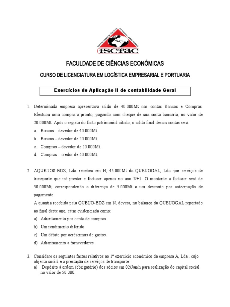 Ficha de Exercicio de CG ISCTAC | PDF | Cheque (banco) | Empréstimos