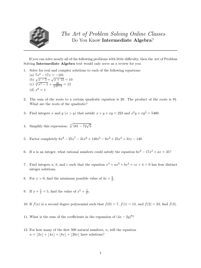 Intermediate Algebra Problem Set Solutions | PDF