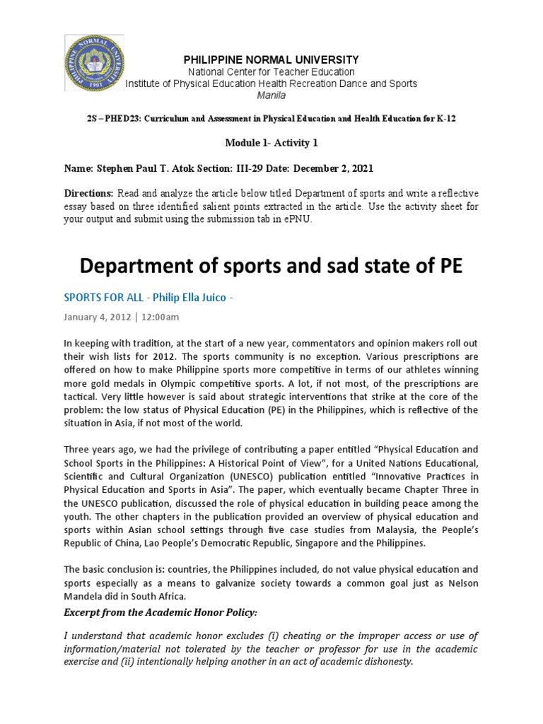 Module 1 Activity 1 Worksheet - Atok | PDF | Physical Education | Academic Dishonesty