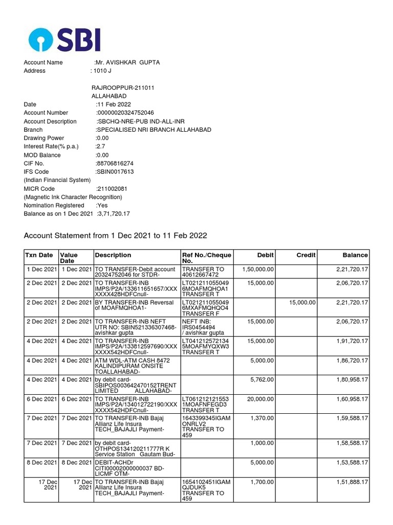 Account Statement From 1 Dec 2021 To 11 Feb 2022: TXN Date Value Date Description Ref No./Cheque ...