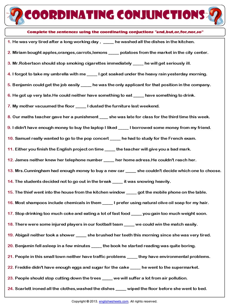 Coordinating Conjunctions Exercises Worksheet | PDF | Food And Drink ...