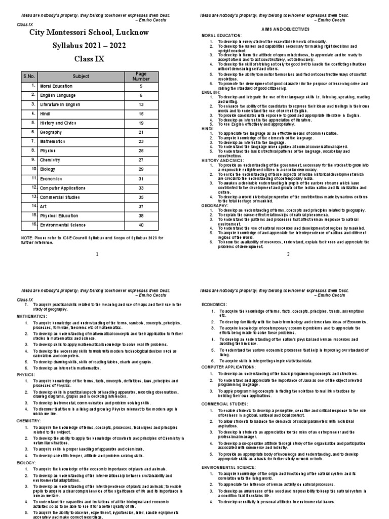 City Montessori School, Lucknow Syllabus 2021 - 2022 Class IX | PDF ...