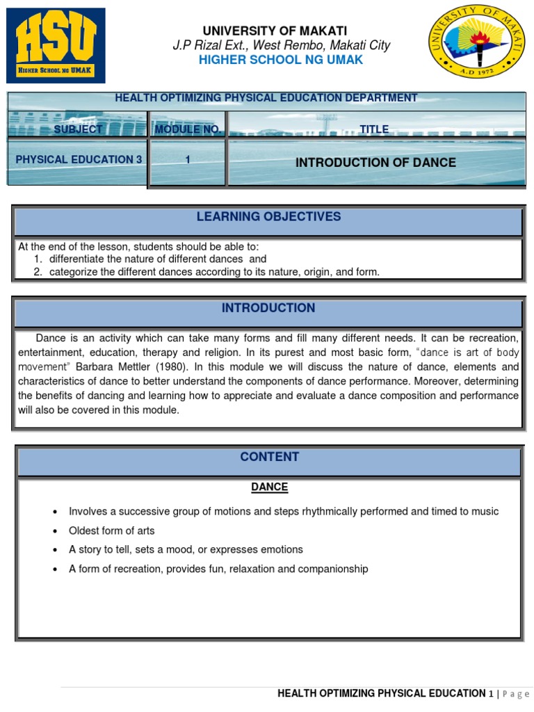 Pe3 Module No. 1 Introduction To Dance | PDF | Dances | Physical Education