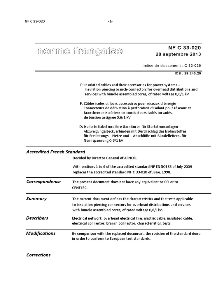 NFC 33-020-2013 | PDF | Electrical Connector | Electrical Conductor