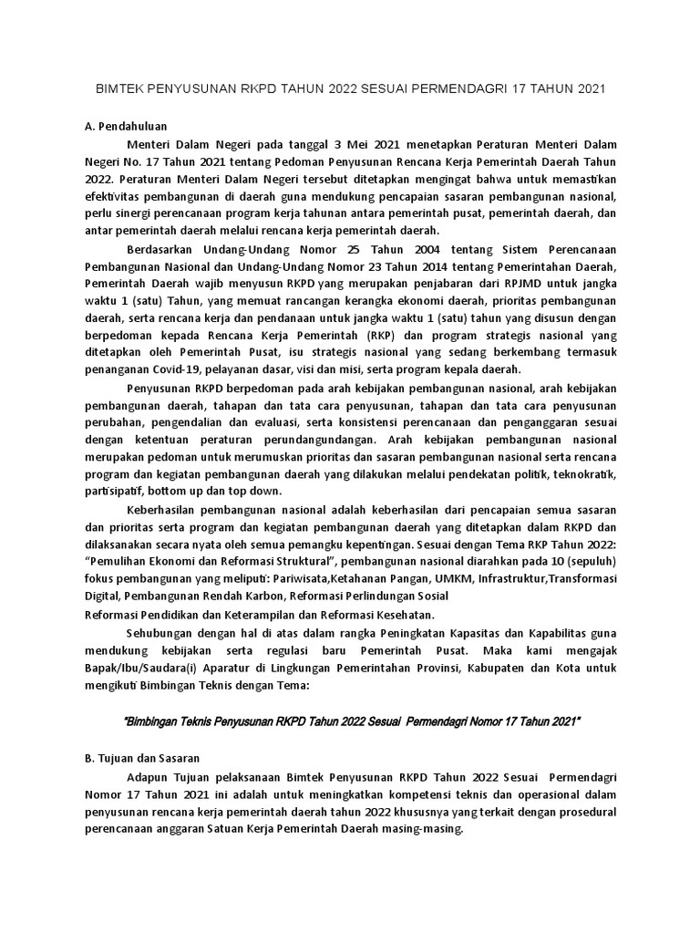 Proposal BIMTEK PENYUSUNAN RKPD TAHUN 2022 SESUAI PERMENDAGRI 17 TAHUN ...