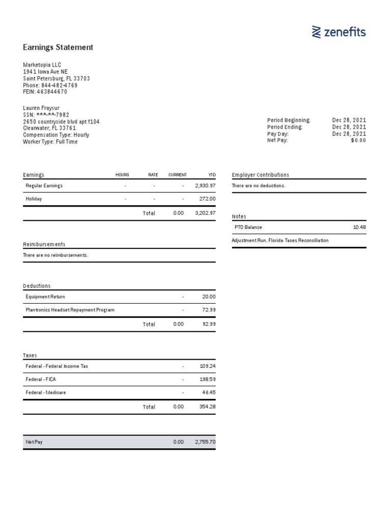 Earnings Statement: Hours Rate Current YTD | PDF