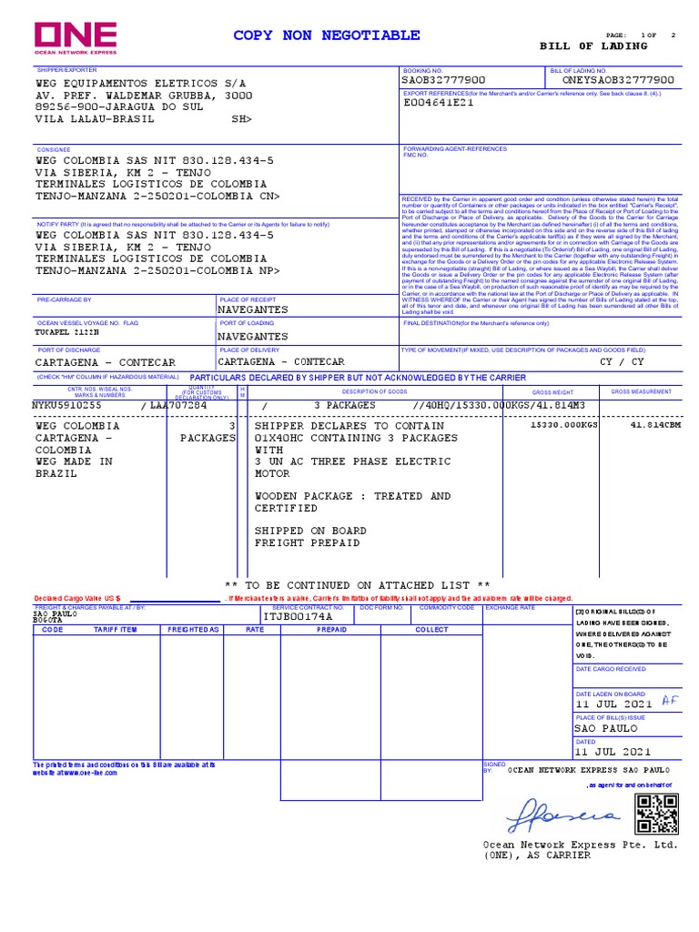 BL-004641e21 Motores Eléctricos WEG | PDF | Bill Of Lading | Cargo