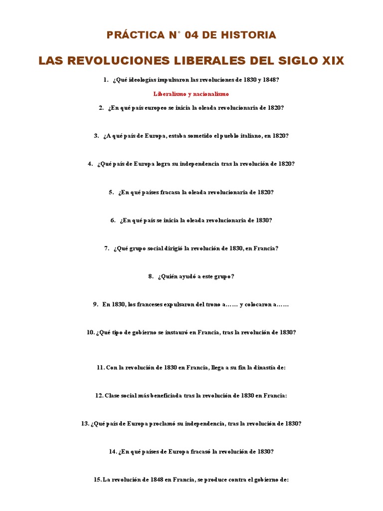 Práctica - Revoluciones Liberales Del Siglo Xix | PDF