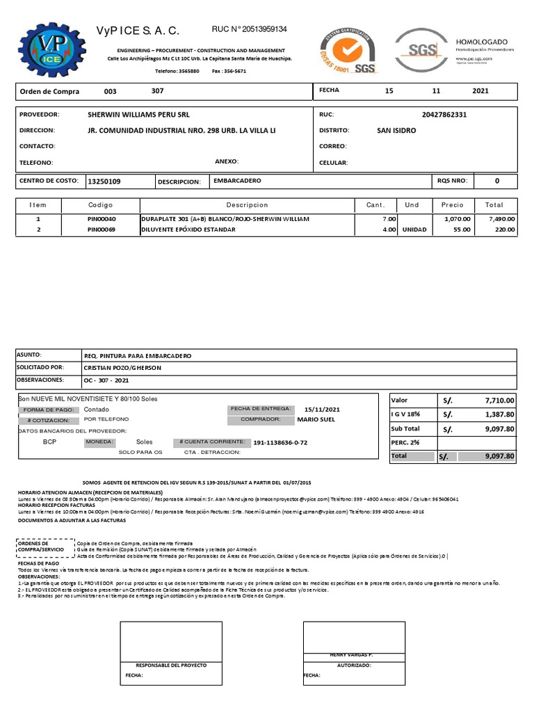 SGC-F-25 Oc - 307 - Sherwin-Williams Peru S.R.L - Lima - 13250109 | PDF