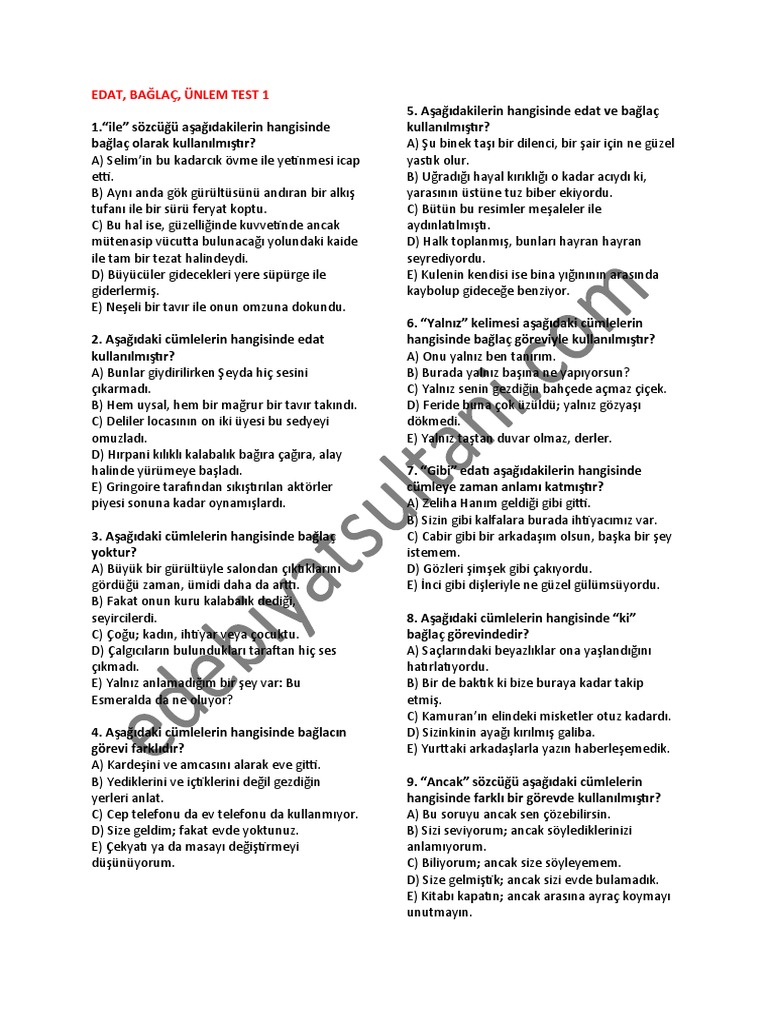Edat-Bağlaç-Ünlem-Test-1 | PDF