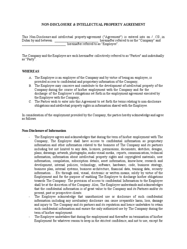 Non-Disclosure & Intellectual Property Agreement | PDF | Legal Remedy ...