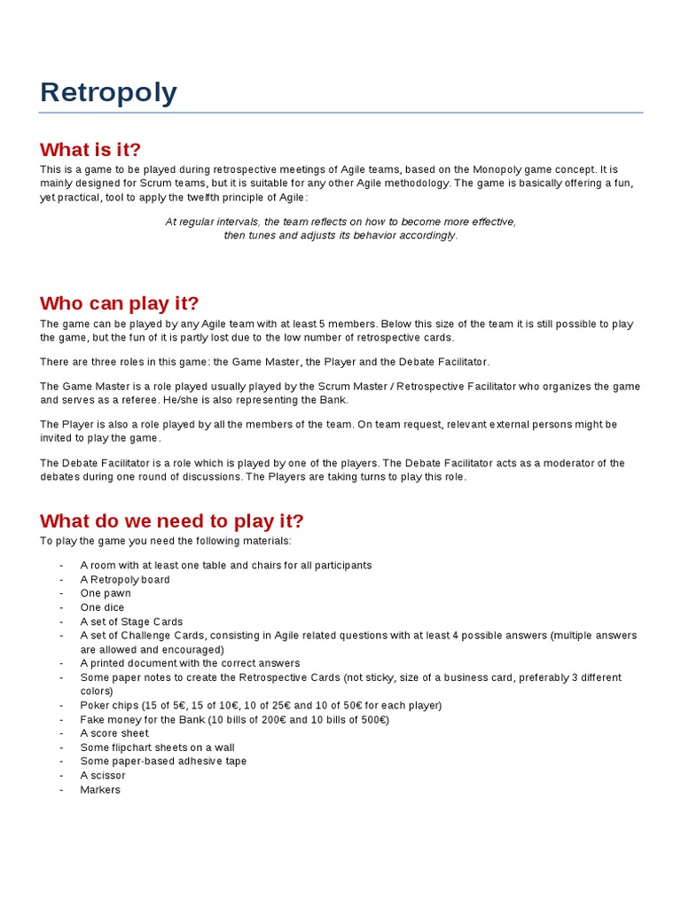 Retropoly: Agile Retrospective Game Guide | PDF | Agile Software ...