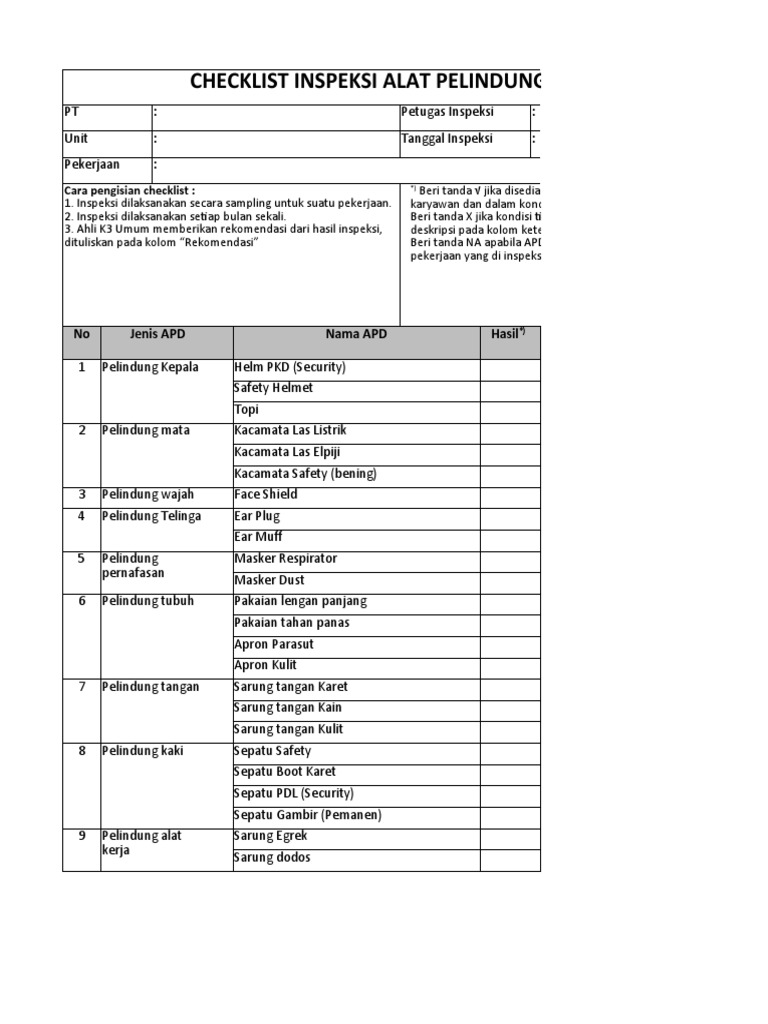 Toaz - Info 4 Checklist Inspeksi Apd PR | PDF