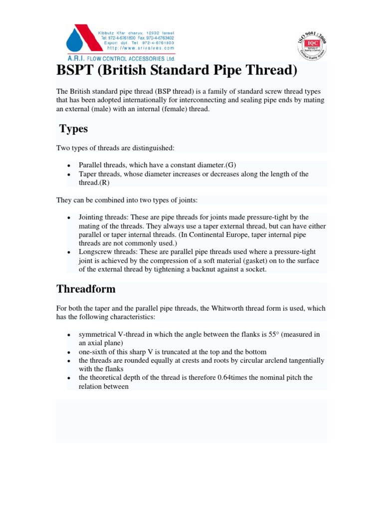 British Standard Pipe Thread Overview | PDF | Tools | Metalworking
