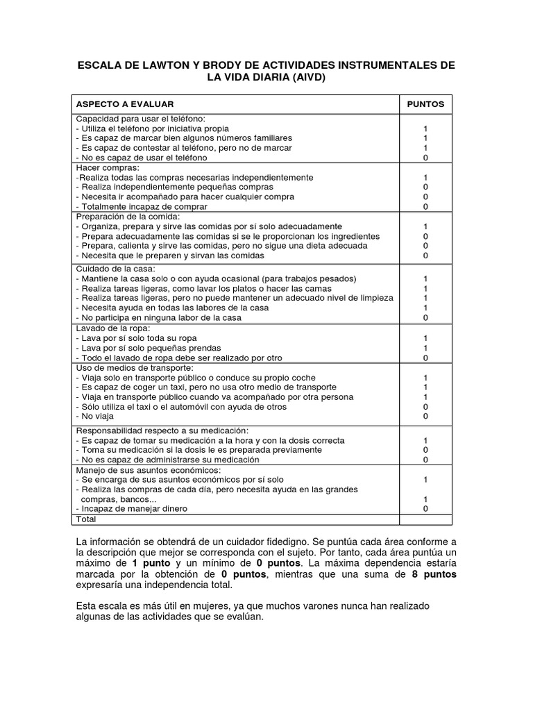 Escala de Lawton y Brody (Actividades Instrumentales de La Vida Diaria) | PDF