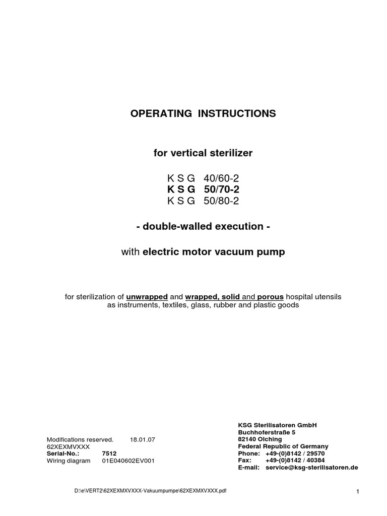 KSG 50-70 Vertical - User and Service Manual | PDF | Sterilization ...