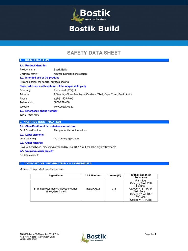 Bostik Build: Safety Data Sheet | PDF | Firefighting | Ethanol
