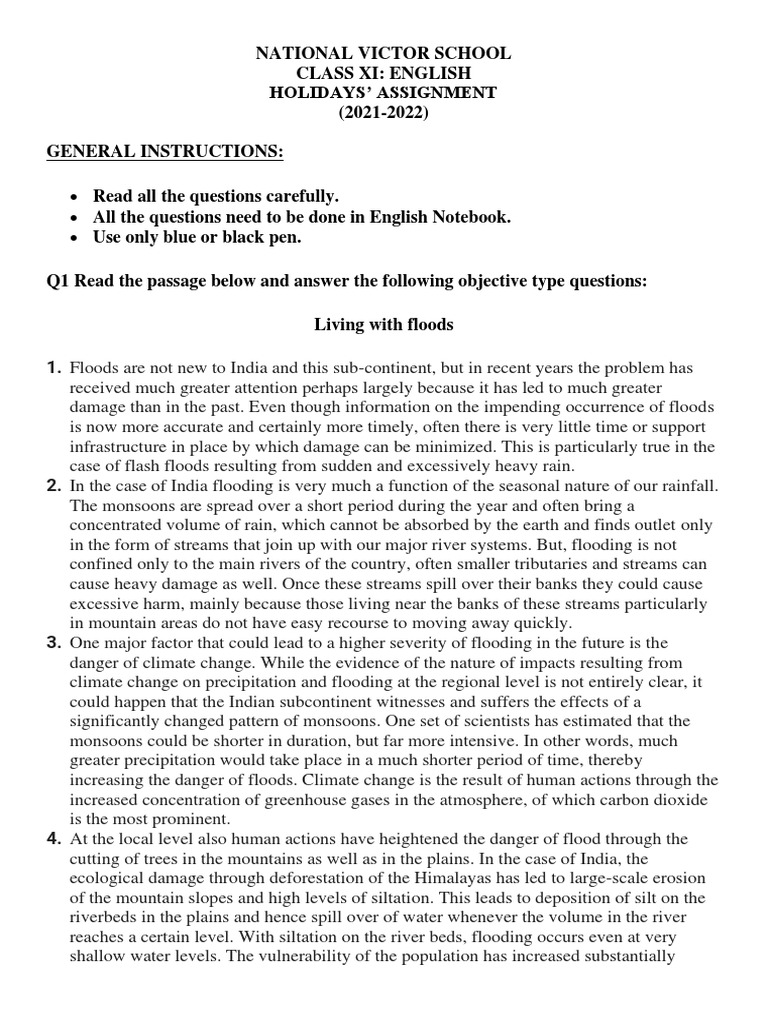 Class Xi HHW Assignment | PDF | Flood | Monsoon