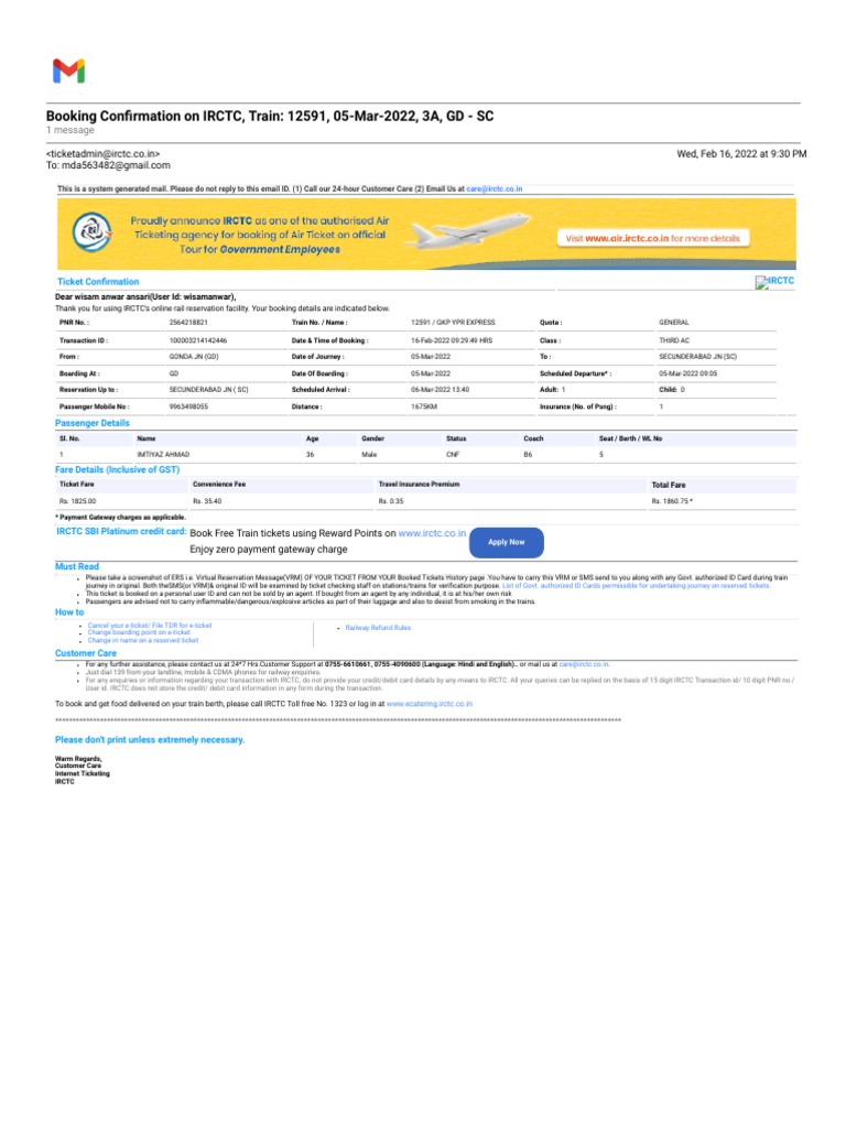 Imtiyaz Gmail - Booking Confirmation On IRCTC, Train - 12591, 05-Mar ...