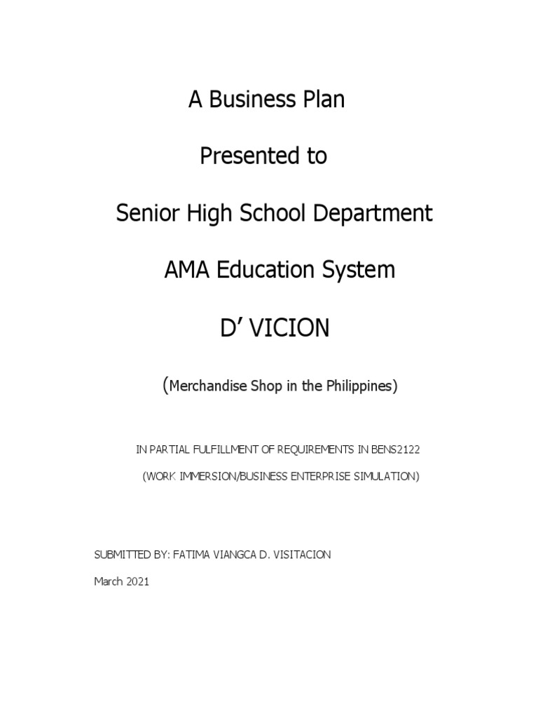 A Business Plan Presented To Senior High School Department AMA ...