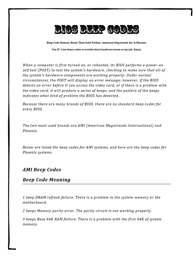 American Mega Trends Int Phoenix BIOS Beep Codes PDF Bios
