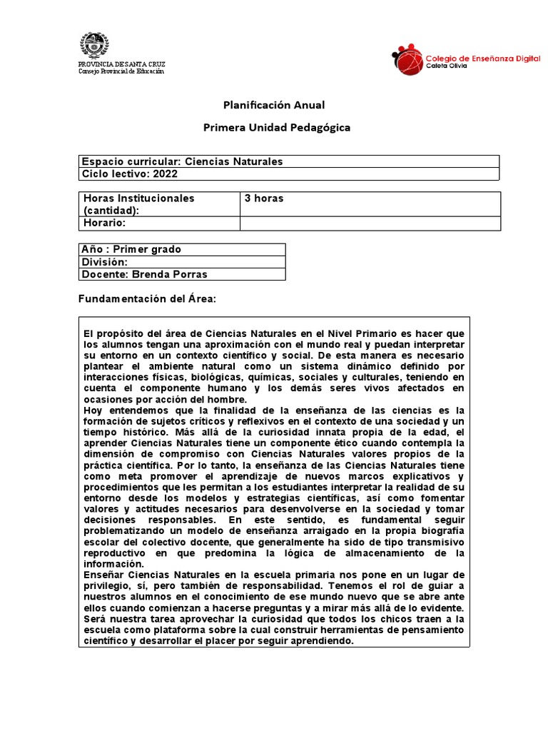 Planificación Anual Ciencias Naturales. 1 Grado.2022 | PDF | Educación ...